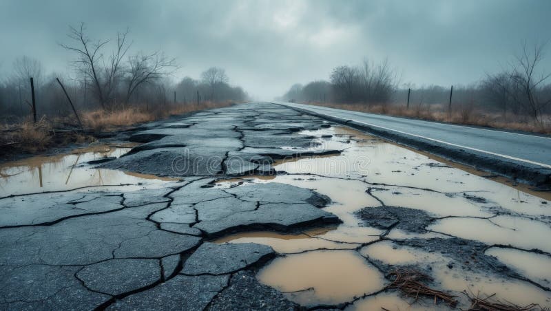 Damaged Asphalt Road with Potholes and Erosion after a Flood Stock ...