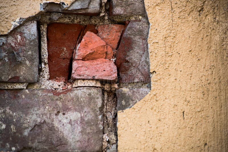 Damaged Brick Wall with Broken Stucco Stock Photo - Image of house ...