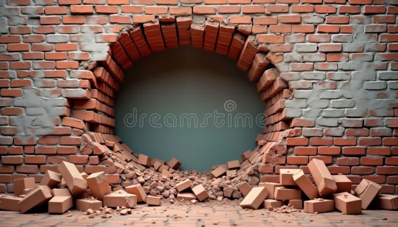 Damaged Brick Wall with Large Circular Opening. Bricks Broken ...