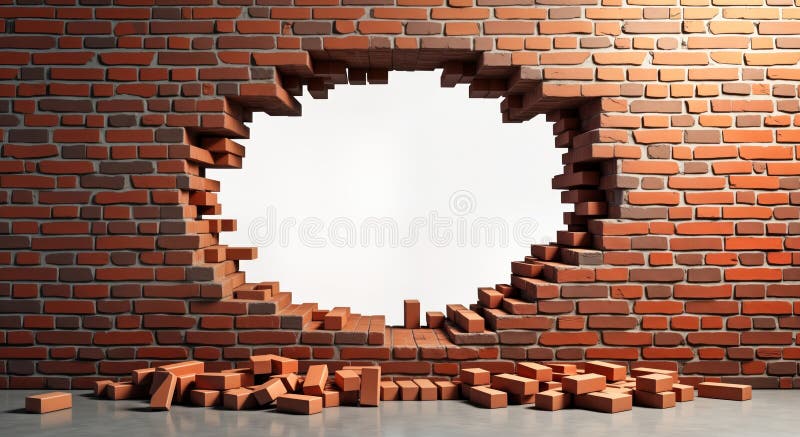Damaged Brick Wall with Large Opening Shows Broken Structure. Brick ...