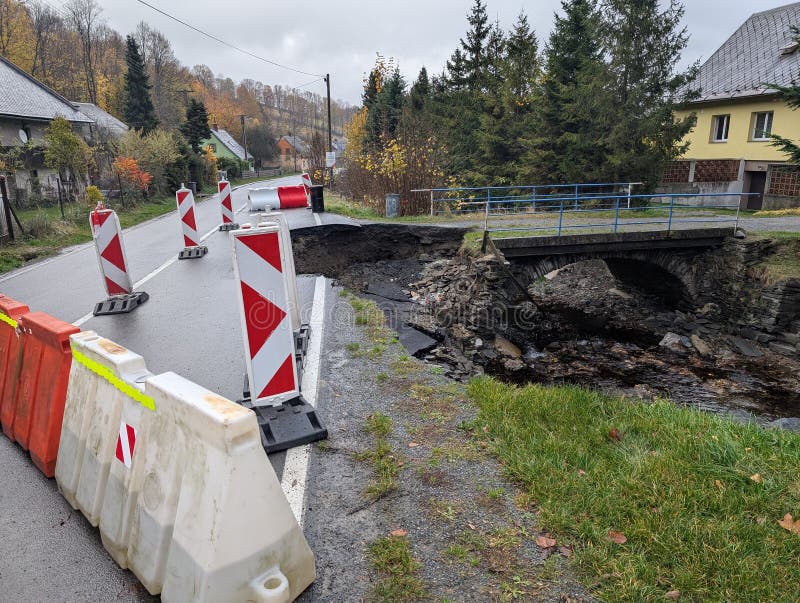 Damaged Bridge and Landslide Road after Flood Stock Image - Image of ...