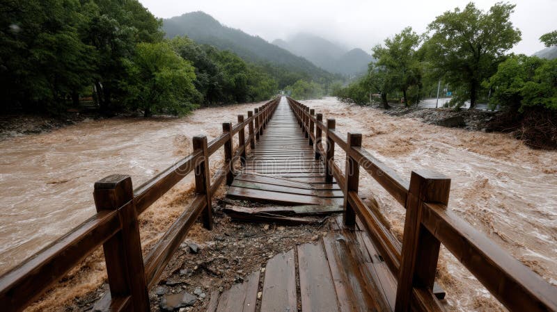 Damaged Bridge Over Raging River after Typhoon Stock Illustration ...