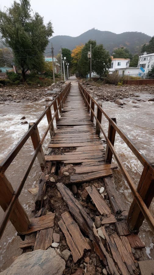 Damaged Bridge Over Raging River after Typhoon Stock Illustration ...