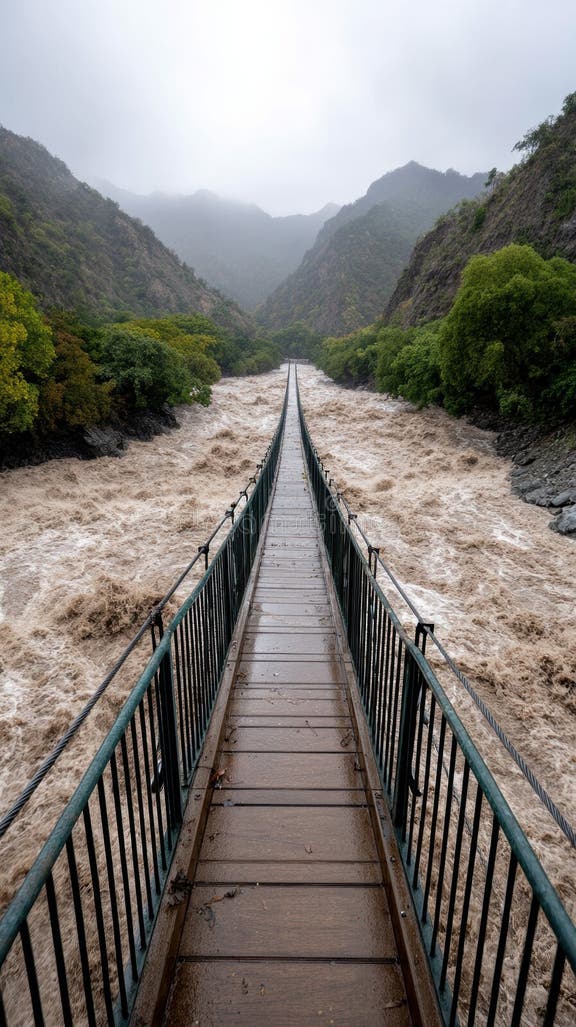 Damaged Bridge Stretches Over Raging River after Typhoon Stock ...