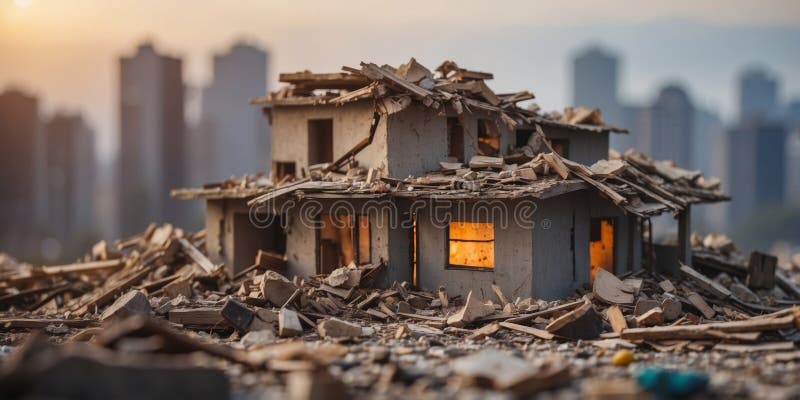 A Damaged Building with Debris and Rubble Piled High on the Rooftop ...