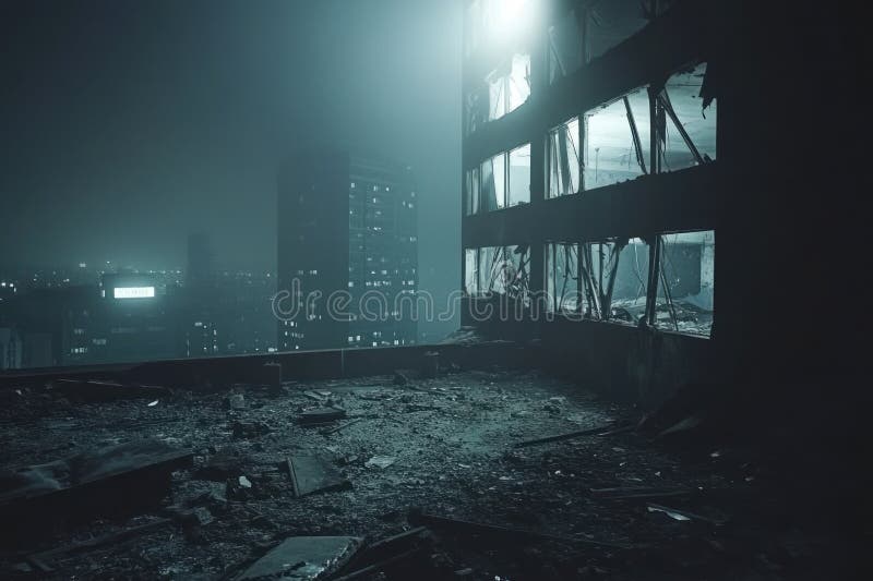 Damaged Building Rooftop at Night Cityscape in Background Stock ...