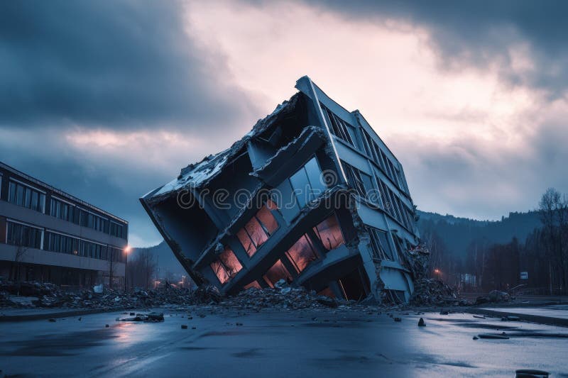 Damaged Building Tilts Precariously after Earthquake at Twilight Stock ...