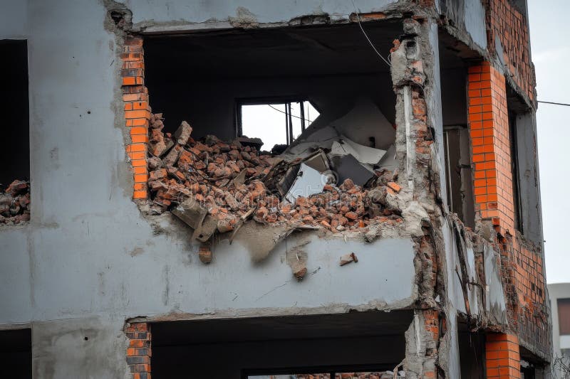 Damaged Building with Visible Broken Walls and Collapsed Concrete and ...