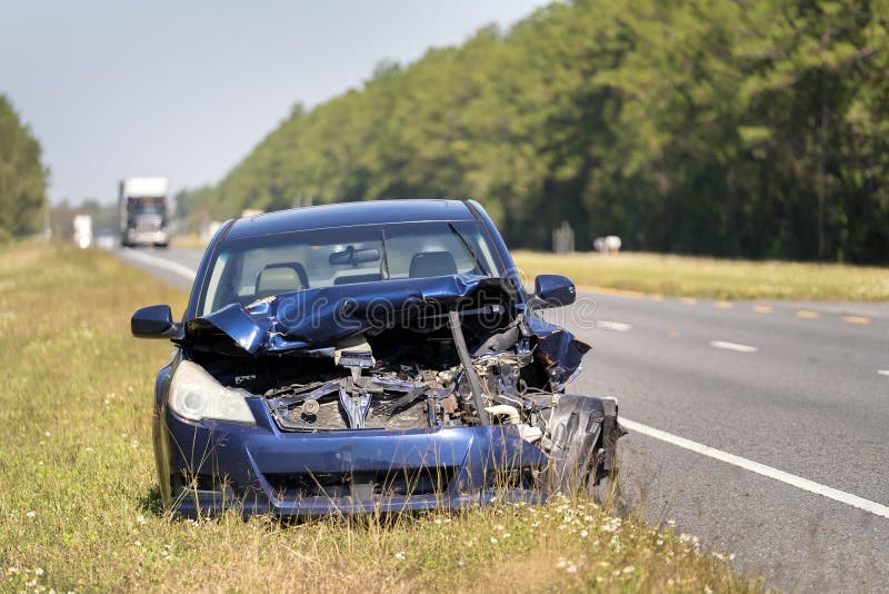 Damaged Car Crashed in Traffic Accident Parked on Highway Side ...