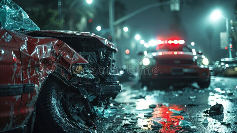 A Damaged Car at a Nighttime Accident Scene Stock Photo - Image of ...