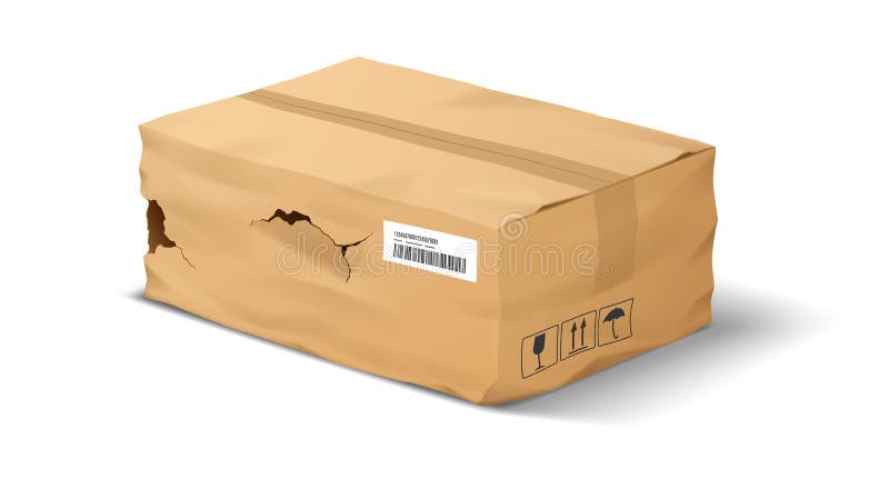 Damaged Cardboard Package with Bar Code on White Background Stock ...