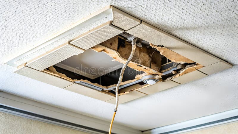 Ceiling Panel Damaged and Crack Hole with Wire System from Rainwater ...