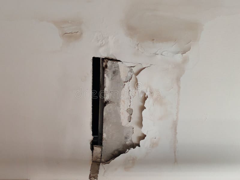 Damaged Ceiling with Water Stains and Exposed Structure Stock Image ...