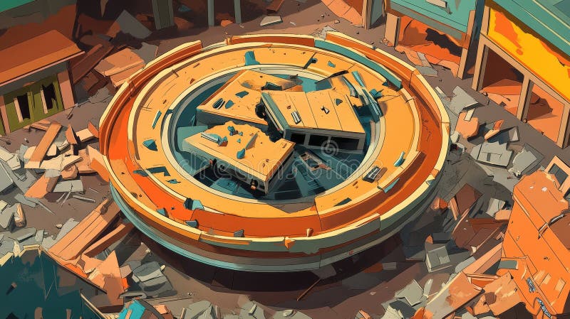Damaged Circular Structure Amidst Urban Debris Stock Photo - Image of ...