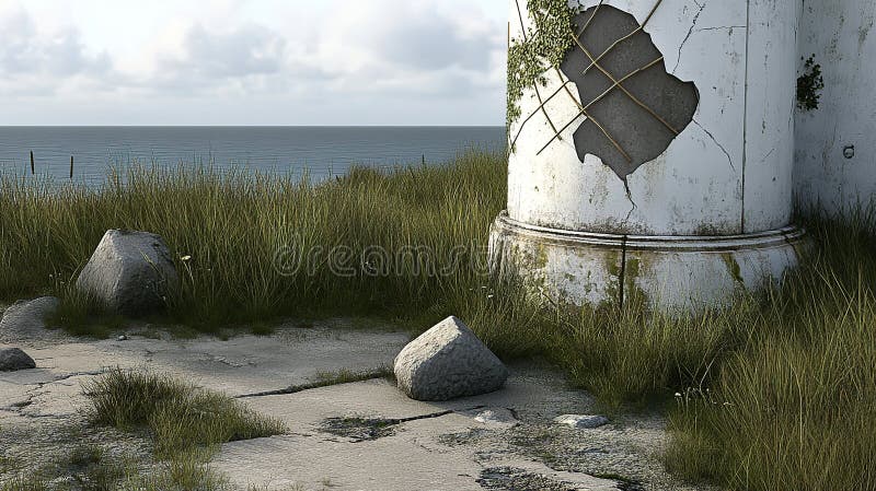 Damaged Coastal Lighthouse, Overgrown, Sea Backdrop, Decay Stock Photo ...