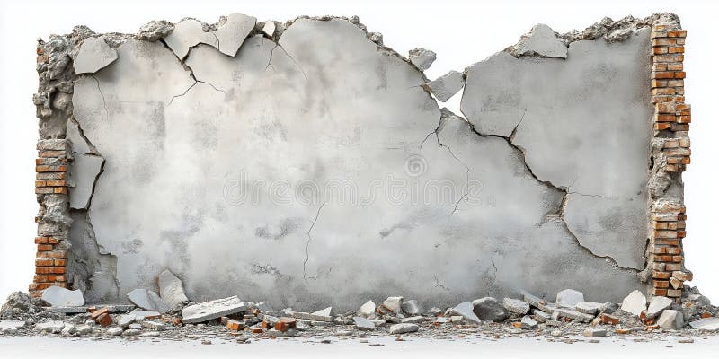 Damaged Concrete Wall with Large Chunks Missing. Isolated on White ...