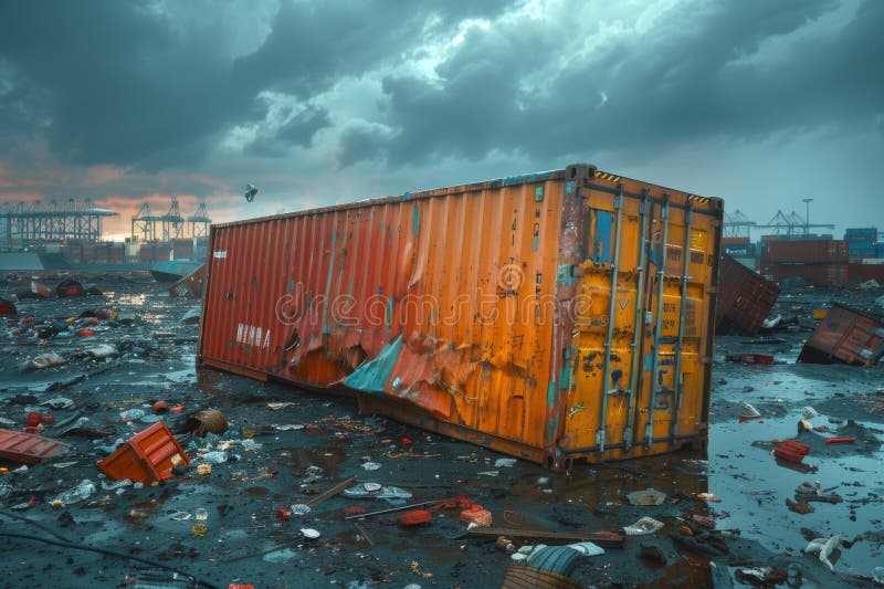 A Damaged Container Lying on Its Side after a Storm, with Scattered ...