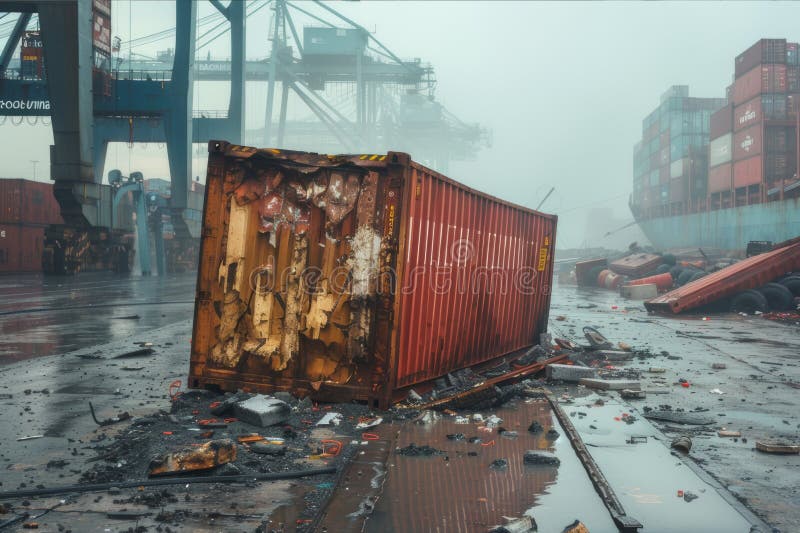 A Damaged Container Lying on Its Side after a Storm, with Scattered ...