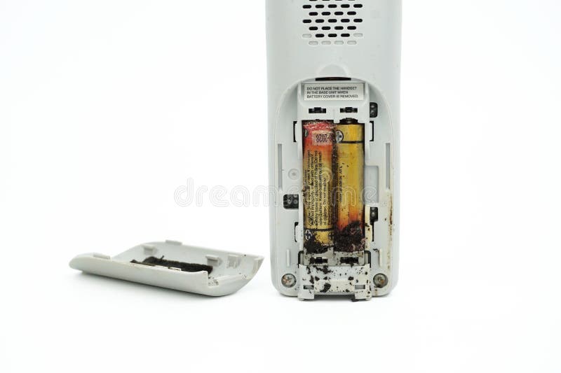 Damaged and Corroded Batteries in Electronic Devices Isolated on White ...