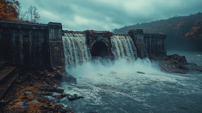 Damaged Dam with Cracked Structure and Water Overflowing Stock ...