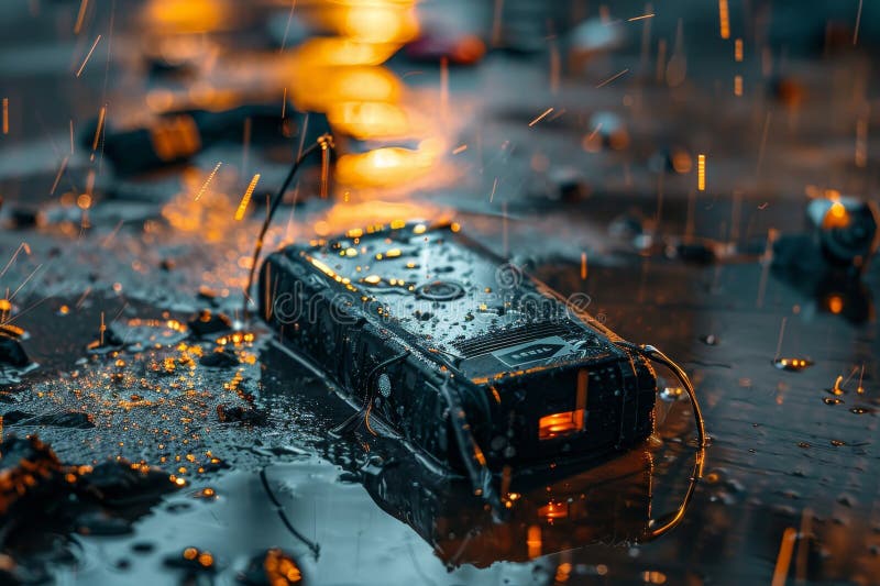Damaged Electronic Device on Wet Ground with Sparks and Water Concept ...