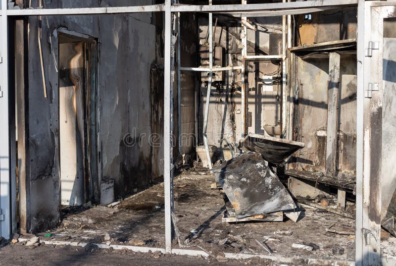 Damaged Facade of a Retail Store after a Fire. Stock Image - Image of ...