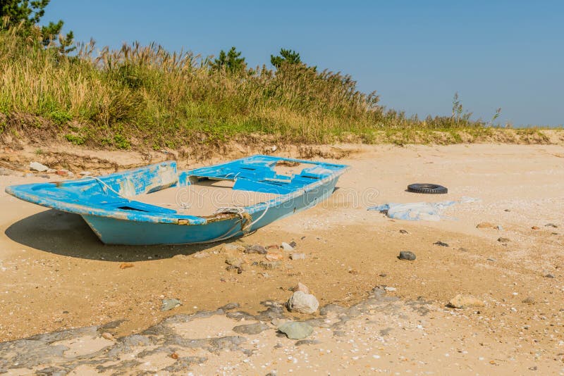 Damaged Flat Bottom Boat Filled with Sand Stock Photo - Image of plant ...
