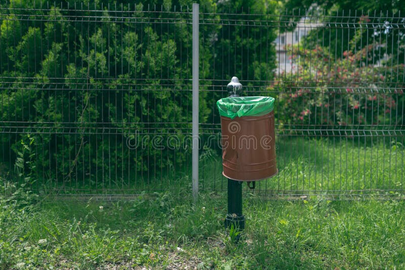 Damaged Garbage Bin Inside Public Park. Environmental Concept Stock ...