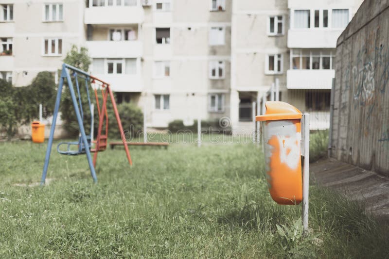 Damaged Garbage Bin Inside Public Park. Environmental Concept Stock ...