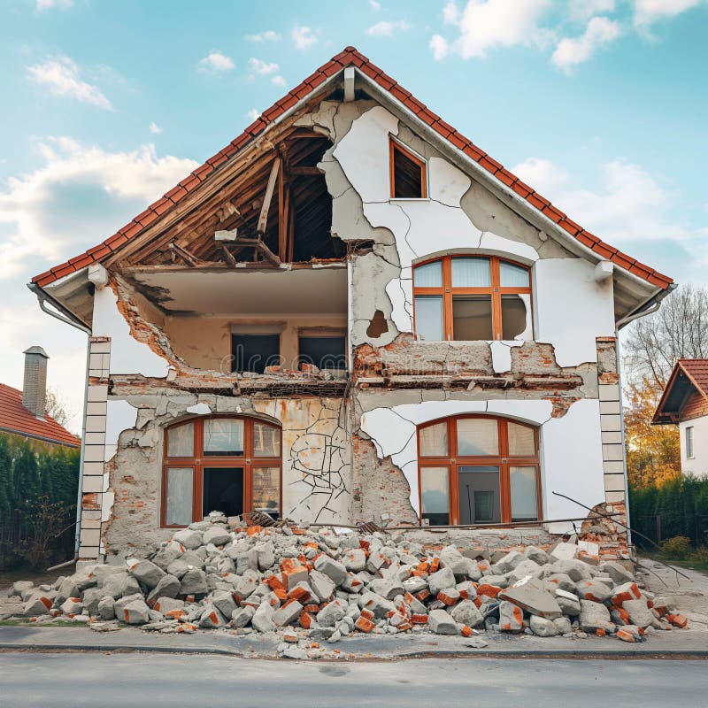 Damaged House with Exposed Brick and Debris, House with a Severely ...