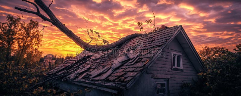 Damaged House with Fallen Tree during Vibrant Sunset, Aftermath of ...