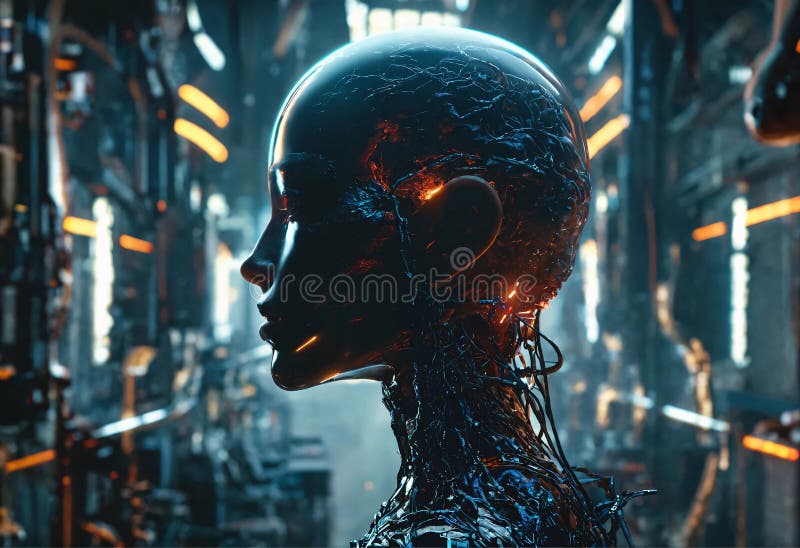 Damaged Humanoid Robot Head Stock Illustration - Illustration of fiery ...