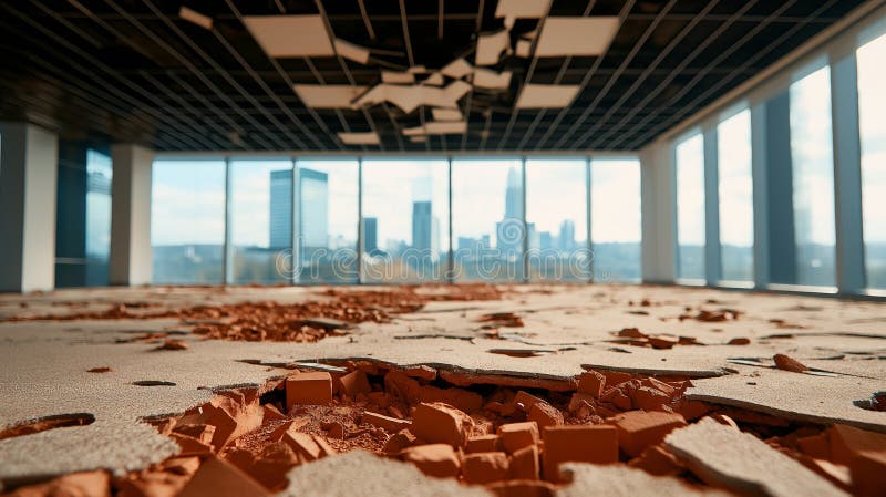 Damaged Interior of Office Space with Broken Ceiling and Debris on ...