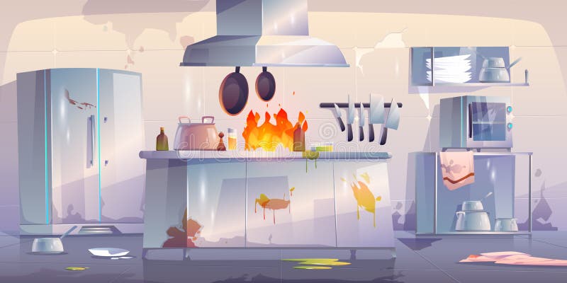 Damaged Kitchen in Restaurant, Interior with Fire Stock Vector ...