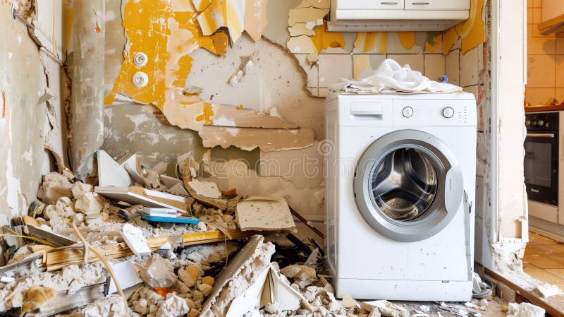 Damaged Laundry Room with Collapsed Wall and Debris Surrounding a ...