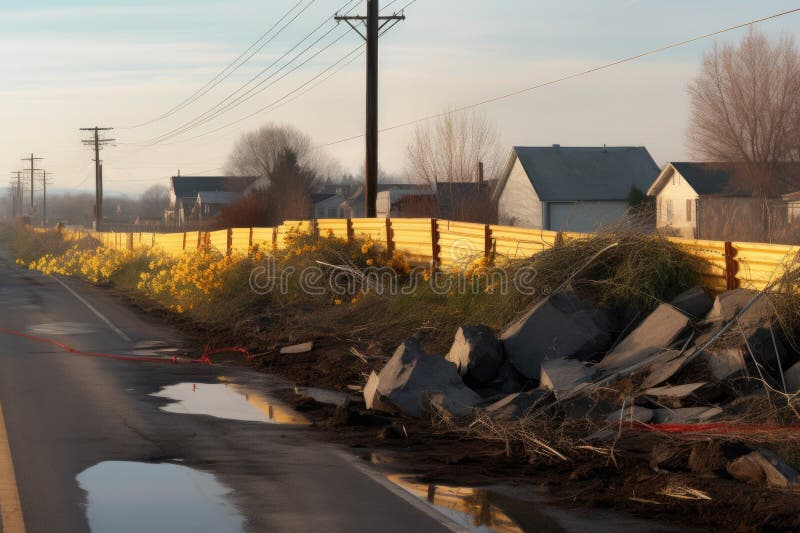 Damaged Levee with Caution Tape and Barricades Stock Photo - Image of ...