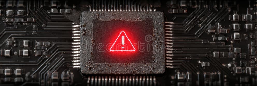 Damaged Microchip Displaying Red Warning Light and Alert Symbol ...