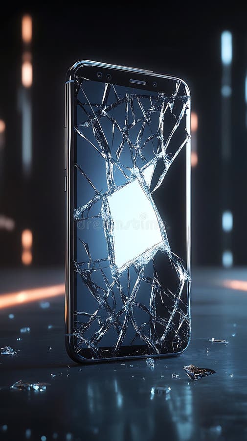 Damaged Mobile Phone with Broken Glass Screen on a Dark Reflective ...