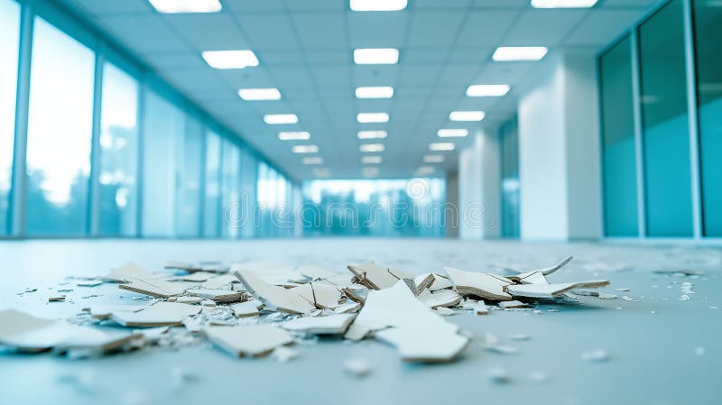 Damaged Office Ceiling with Broken Tiles Scattered on Floor Creates ...