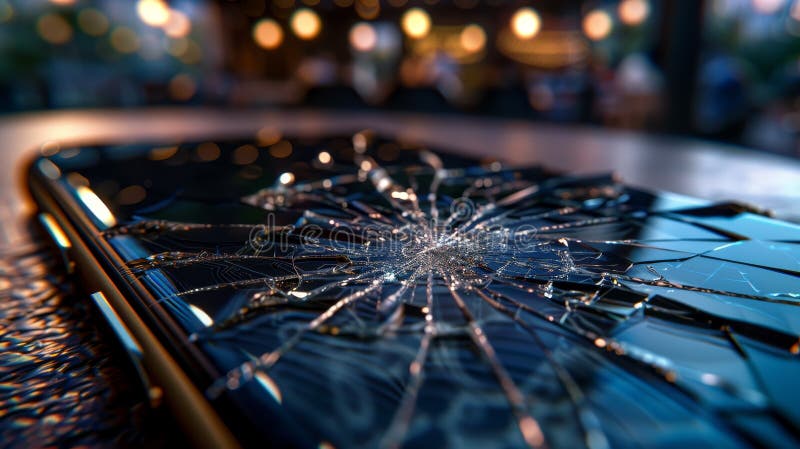 Damaged Phone with Broken Glass Display Against a Dark Backdrop Stock ...