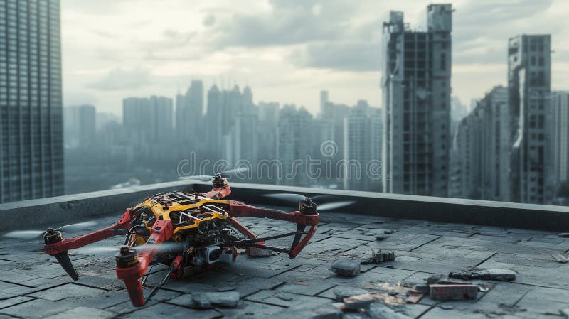 Destroyed Quadcopter Drone on Rooftop Amid Abandoned War Zone Ruins ...