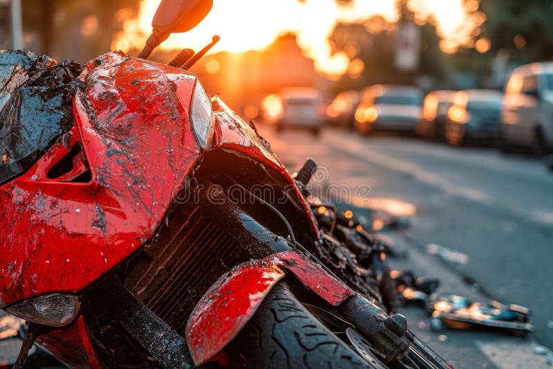 Damaged Red Motorcycle is Lying on the Asphalt after a Road Accident ...