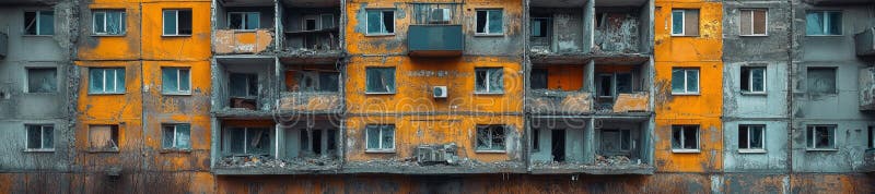 Damaged Residential Building with Broken Balconies Shattered Windows ...