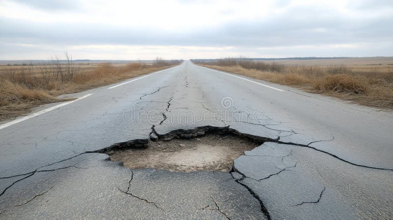 Damaged Road with Large Pothole. Roadway Surface Shows Extensive ...