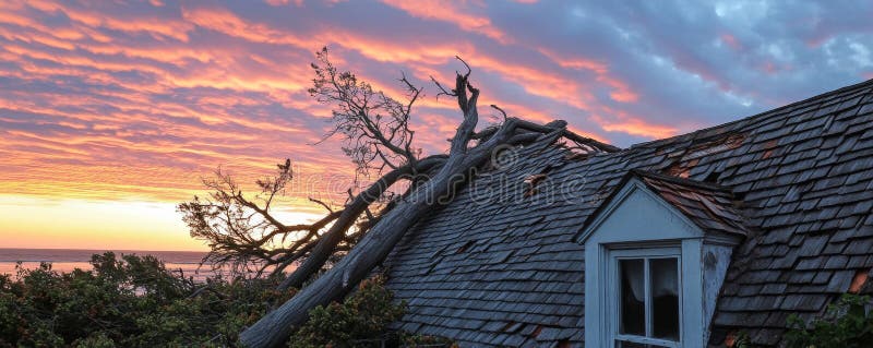 Damaged Roof with Fallen Tree at Sunset, Dramatic Sky. Storm Aftermath ...