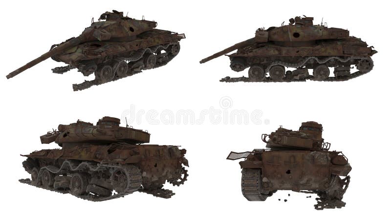 Damaged Rusty Battle Tank on an Isolated White Background. 3d ...