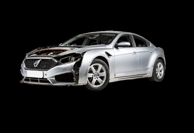 Damaged Silver Sedan Car with an Exposed Engine and Transparent ...