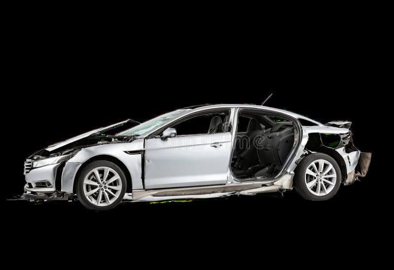 Damaged Silver Sedan Car with Open Doors on Black Background Stock ...