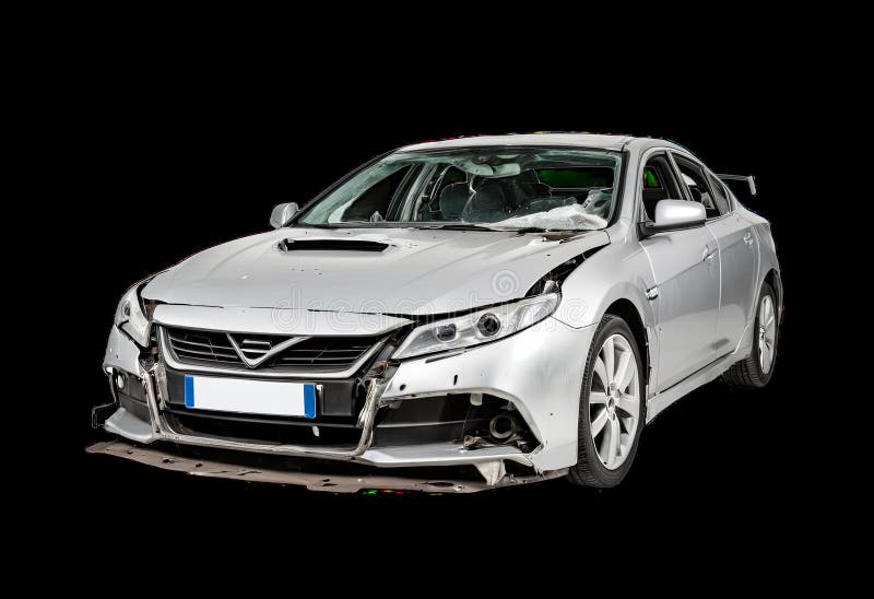 Damaged Silver Sedan with Crumpled Body and Broken Windshield in Studio ...