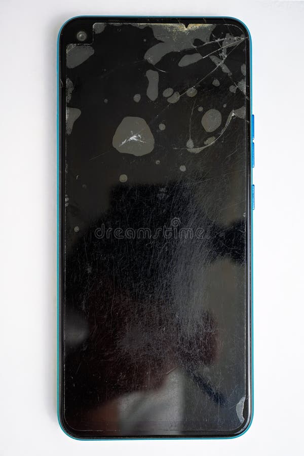 Damaged Smartphone with Visible Scratches and Smudges on the Screen ...